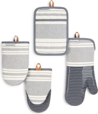 KitchenAid Ofenhandschuh, Vintage-Streifen, Mini-Ofenhandschuh und Topflappen, 100 % Baumwolle, hitzebest&auml;ndig, Anthrazitgrau/Elfenbein, 17,8 x 35,6 cm, 14 x 22,