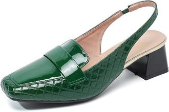 Generic Mary Jane Slingback Chaussures &agrave; talon bas pour femme, bout carr&eacute;, talon de 5,1 cm, chaussures habill&eacute;es en cuir verni pour le travail, Vert, 40.5 EU