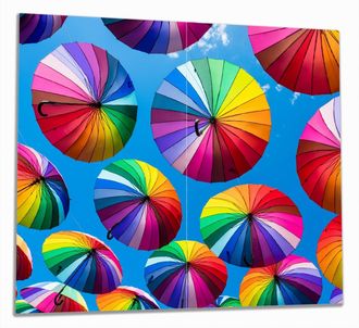 Wallario Herdabdeckplatte/Spritzschutz aus Glas, 2-teilig, 60x52cm, für Ceran- und Induktionsherde, Bunte Regenschirme vor blauem Himmel