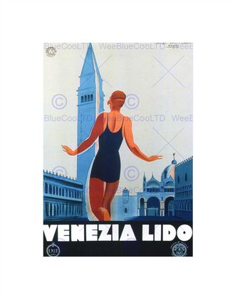 Wee Blue Coo The Art Stop TRAVEL VENICE LIDO PIAZZA SAN MARCO ITALY VINTAGE ADVERT FRAMED PRINT B12X1765