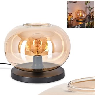 HOFSTEIN Tischleuchte Apedo, Tischlampe aus Metall/Glas in Schwarz/Bernsteinfarben, Leuchte im modernen Retro/Vintage-Design mit Schirm aus Glas (&Oslash; 30 cm) u. A