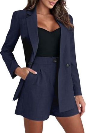 Generic Combinaison en lin pour femme avec short Vestes &eacute;l&eacute;gantes UNE pour une &eacute;l&eacute;gance d&eacute;contract&eacute;e Deux pi&egrave;ces V&ecirc;tements pour femme, Marine, XL