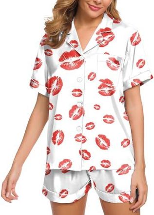 Generic Ensemble de pyjama deux pi&egrave;ces en satin de soie pour femmes pour la Saint-Valentin 2026, blanc, XXL