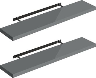 Woltu Wandregal Volato Set von 2 Regalen Wandboard freischwebend Schweberegal CD DVD Regal Bücherregal Holz Board 110x22,9x3,8cm Hochglänzend Grau RG9483gr-