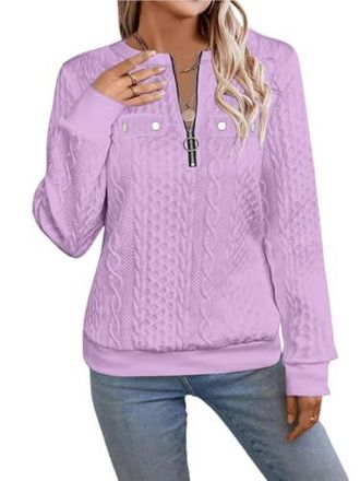 ORANDESIGNE Sweat Femme sans Capuche Sweatshirts Demi-Zipp&eacute; Sweat-Shirt Col Roul&eacute; Pull Printemps Automne C Violet L