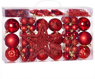 Deuba Weihnachstkugeln 66tlg Ø 3-6cm Kunststoff matt glänzend Christbaumkugeln Christbaumschmuck Anhänger Weihnachtsbaumkugeln Weihnachtsdeko Rot