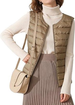 Generic Gilet bouffant l&eacute;ger sans col pour femme avec fermeture &eacute;clair - Pliable, marron, 7XL