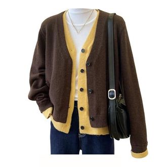 Generic Faux cardigan en tricot deux pi&egrave;ces pour femme - Couleur caf&eacute; - Col en V - Style paresseux - Manches longues - Haut court, Couleur caf&eacute; abricot, taill