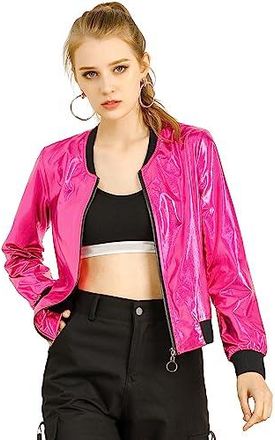 Allegra K Blouson Aviateur Zippé Métallique À Col Montant Et Mode Holographique Festival de Noël pour Femme Rose vif M
