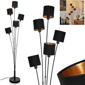 HOFSTEIN Stehleuchte Alsen, runde Bodenlampe aus Metall in Schwarz und Stoffschirmen in Schwarz/Goldfarben, 5-flammige Standlampe, 5 x E14, mit Fußschalter am 