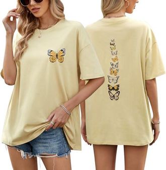 Heekpek TOMEEK T Shirt Femme Été Chic Coton T-Shirt, Manches Courtes Tee Shirt Col Rond Grande Taille Tshirt Femme Oversize Top Vintage Papillons Imprimé Lâch