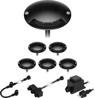 LEDs Com LED Boden-Aufbauleuchte BUNDA, 1-flammig, extra-flach, für außen, Aluminium, schwarz, rund, 7cm Ø, warmweiß, 6er Set