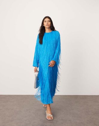 Asos Robe longue ras de cou à franges - Bleu vif-Multicolore