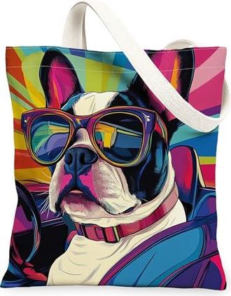 Generic Sac fourre-tout en toile r&eacute;utilisable avec motif de chien terrier de Boston pour faire ses courses, 33 x 38,1 cm, motif chiot pop esth&eacute;tique, chiot fu