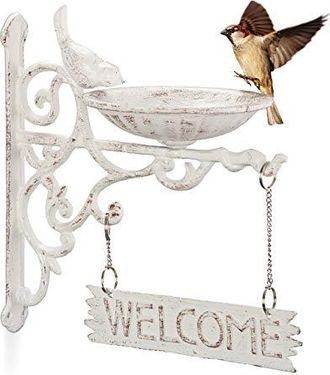 Relaxdays Vogeltränke Gusseisen, WELCOME Schild, Gartendeko, Wandmontage, Futterstelle, Wasserschale f. Wildvögel, weiß