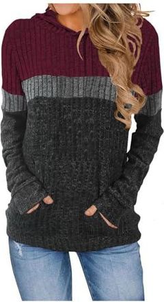 Generic Sweat &agrave; capuche matelass&eacute; &agrave; manches longues avec poche de couleur d&eacute;contract&eacute;e pour femme 2025, Rouge, XL