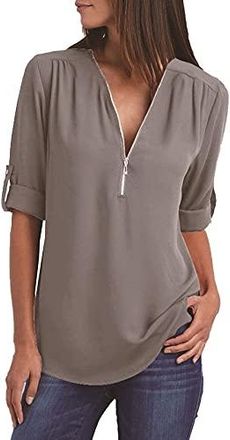 Generic T-Shirts en Mousseline de Soie &agrave; col en V pour Femmes, Coupe Ample, Long, uni, Hauts pour Femmes, 2026 Tendance, Y2K, W-456 Gris, 3XL