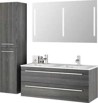 SIEPER I Badmöbel Set Libato, Doppelwaschtisch mit Unterschrank 120 x 50 cm, Hochschrank und Badspiegel I Pinie Schwarz