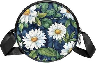 Generic Petit sac &agrave; bandouli&egrave;re circulaire pour femme, marguerites, feuilles, petit sac &agrave; bandouli&egrave;re avec fermeture &eacute;clair, bretelles r&eacute;glables, sac &agrave; main r