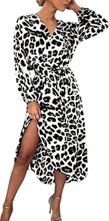 Generic 2025-Robe Sexy Femme Manches Longues- Robe Fluide Mi Longue Imprim&eacute; L&eacute;opard Col en V Chic Et &Eacute;l&eacute;gants Confortable Ample Classiques Casual Temp&eacute;rament 