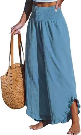 Cupshe Pantalon dété pour femme - Coupe large - Style bohème - Taille haute - Coupe droite - Asymétrique - Poignets à volants - Pantalon fluide, bleu acier, 