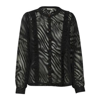 Cream Schwarze Animal Mesh Bluse mit R&uuml;schen - - Blouses & Shirts - Damen - Schwarzk - L