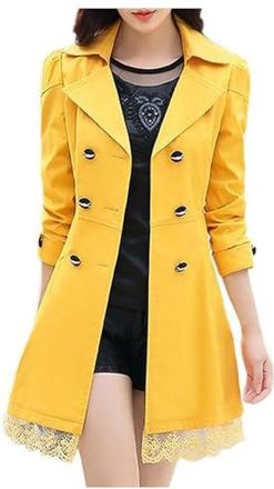 Generic 2026 Vestes pour femmes &agrave; manches longues avec bordure en dentelle et noeud, jaune, XXL