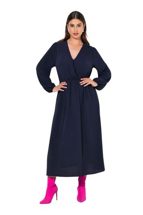 Ulla Popken Damen Midikleid, Wickeloptik, A-Linie, V-Ausschnitt, Langarm Kleid, Marine, 50/52 DE