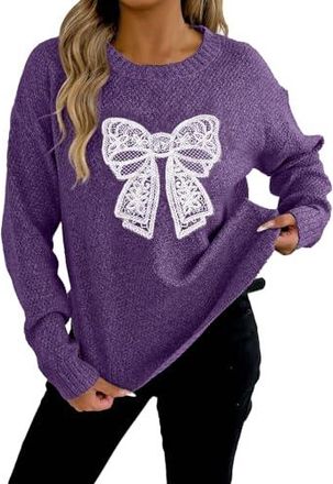 Generic Pull de Noël pour femme en dentelle brodée avec noeud et col rond - Pull tricoté décontracté à manches longues, violet, XL
