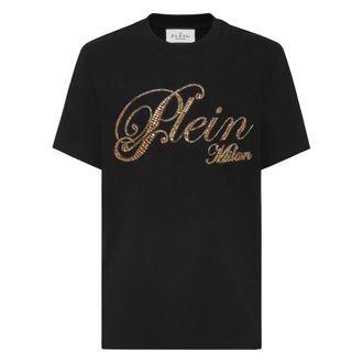 Philipp Plein Homme, Tops, Noir, Taille: XL Round Neck T-Shirt Stones