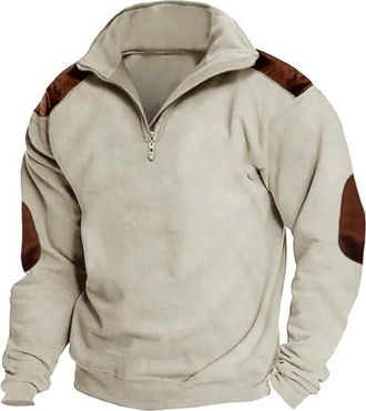 Generic Sweat-shirt pour homme sans capuche en coton - Pull pour homme blanc sans capuche - Veste surdimensionnée demi-fermeture éclair - Style vintage - Col 