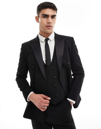 Asos Zweireihige Anzugjacke in Schwarz mit engem Schnitt