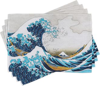 Abakuhaus Hokusai Platzmatten, Die große Welle von Kanagawa Folkloric Zusammensetzung der Ostländer Mythology Theme, Waschbare Stoff Esszimmer Küche Tischdekora