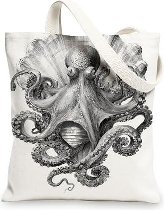 Generic Sacs fourre-tout en toile motif pieuvre, sacs réutilisables, style nautique vintage, légers et lavables, blanc, 13x15 Inch