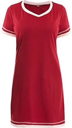 Generic Chemise de nuit pour femme en coton &agrave; manches courtes, chemise de nuit pour femme, robe de chambre sexy, rouge, lounge ample, col rond, pyjama, robe d