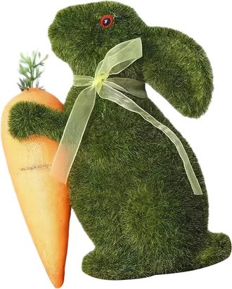 Generic Hasenfigur - gr&uuml;ne Statue mit Ostermoos - stehend beflockt mit Karotte | f&uuml;r Tischdecken, Tischdecken, Tischl&auml;ufer, Bauernhaus, Au&szlig;endekoration, Garte