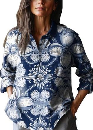 Generico Chemise Femme &Eacute;l&eacute;gant &agrave; Manches Longues Chemisier en Lin Coton D&eacute;contract&eacute; Grande Taille T Shirt Col en V L&eacute;ger Chemises Vintage Imprim&eacute; avec Boutons 