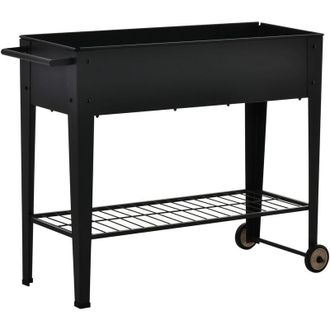 OUTSUNNY Jardini&egrave;re sur pieds potager dim. 104L x 39l x 80H cm &eacute;tag&egrave;re 2 roues + insert dirrigation m&eacute;tal noir