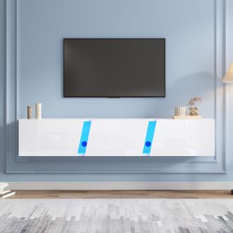 Generic TV Schrank wandh&auml;ngend 180 cm hochglanzwei&szlig; mit LED Beleuchtung 3 Klappt&uuml;ren Blauer Lichtrahmen schwebend Lowboard Media Konsole Sideboard Wohnzimmer 