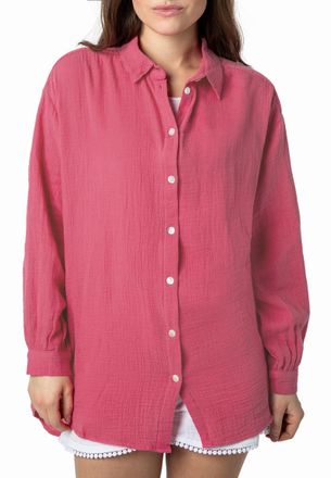 Sublevel Langarm Musselin Bluse mit Kentkragen - Damen Muselin Oversize Bluse, Baumwolle, Knopfleiste in verschienden Farben pink L/XL