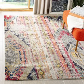 Safavieh Boho Teppich für Wohnzimmer, Esszimmer, Schlafzimmer - Monaco Collection, Kurzer Flor, Hellgrau und Multi, 122 X 170 cm