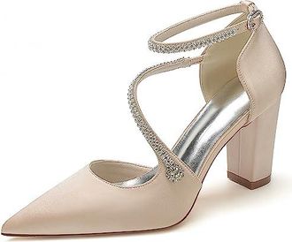 Generic Femme Bout Pointu Block Talon Satin Chaussures De Mari&eacute;e De Mariage Femme Escarpins Robe F&ecirc;te Chaussure A Talon 8.5Cm,Champagne,38 EU