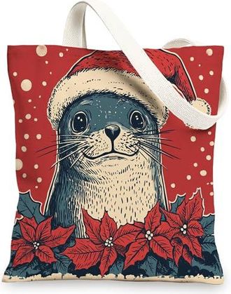 Generic Sac fourre-tout en toile avec motif de sceau de No&euml;l pour le shopping, 33 x 38,1 cm, motif poinsettia de No&euml;l vintage, sac d&eacute;picerie r&eacute;utilisable pour