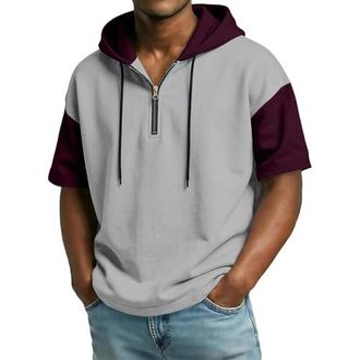 Generic DENGJIAMY Sweat &agrave; capuche &agrave; manches courtes pour homme, t-shirt &agrave; fermeture &eacute;clair 1/4, hauts d&eacute;contract&eacute;s, patchwork grande taille, v&ecirc;tements d&eacute;t&eacute;, g
