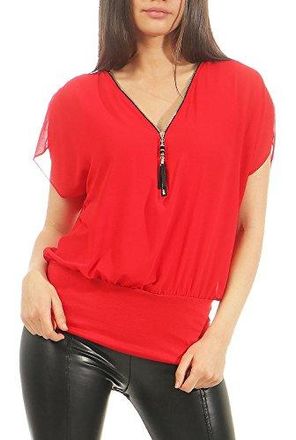 Malito more than fashion Malito Femme Blouse Court Chauve-Souris T-Shirt Tunique élégant Uni Color 6298 (Rouge)