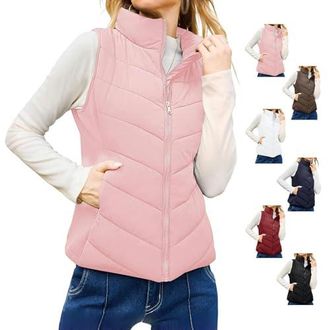 Generic Gilet bouffant sans manches avec fermeture &eacute;clair pour femme - Doudoune confortable sans encombrement, rose, 3XL