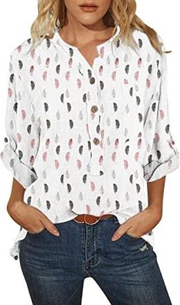 Generic Robes boh&egrave;mes pour femmes, t-shirts &agrave; motif floral, hauts d&eacute;contract&eacute;s, col boutonn&eacute;, chemisiers, t-shirt d&eacute;t&eacute; &agrave; manches longues, blanc, XXL