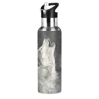 Mnsruu Wolf Trinkflasche Isoliert für Mädchen Jungen Edelstahl Wasserflasche mit Strohhalm, 20 oz