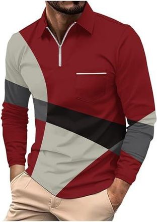 Generic Polo à manches longues pour homme avec fermeture éclair et poche zippée, Polo rouge à manches longues pour hommes, 3XL