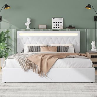 Generic Polsterbett mit Verstellbarer Höhe und Stauraum, modernes Bett mit Kopfteilbeleuchtung, Fernbedienung, USB Typ C Ladeanschluss, gepolsterter Bettrahme